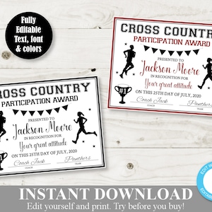 INSTANT DOWNLOAD Printable Cross Country 8.5x11 Certificate / Award ...