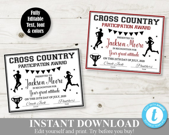 INSTANT DOWNLOAD Printable Cross Country 8.5x11 Certificate / Award ...