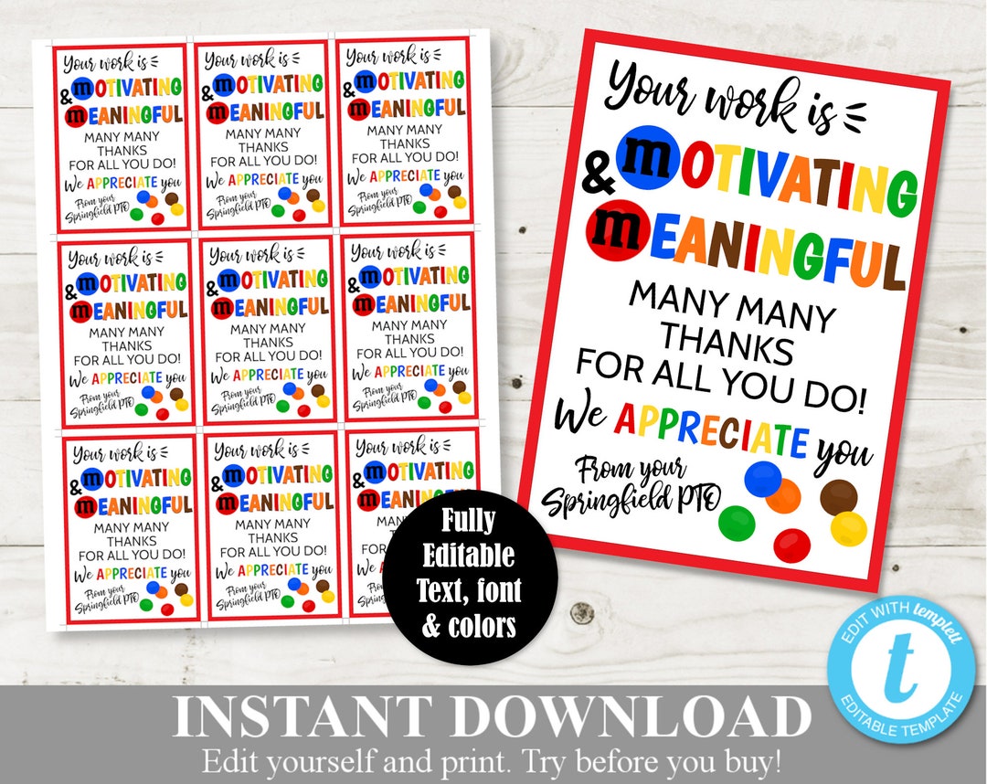 INSTANT DOWNLOAD Editable 3.5"x2.5" M&M Motivating and Meaningful Tags ...