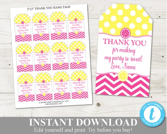 INSTANT DOWNLOAD Pink Lemonade Printable Thank You Hang Tags / Editable ...