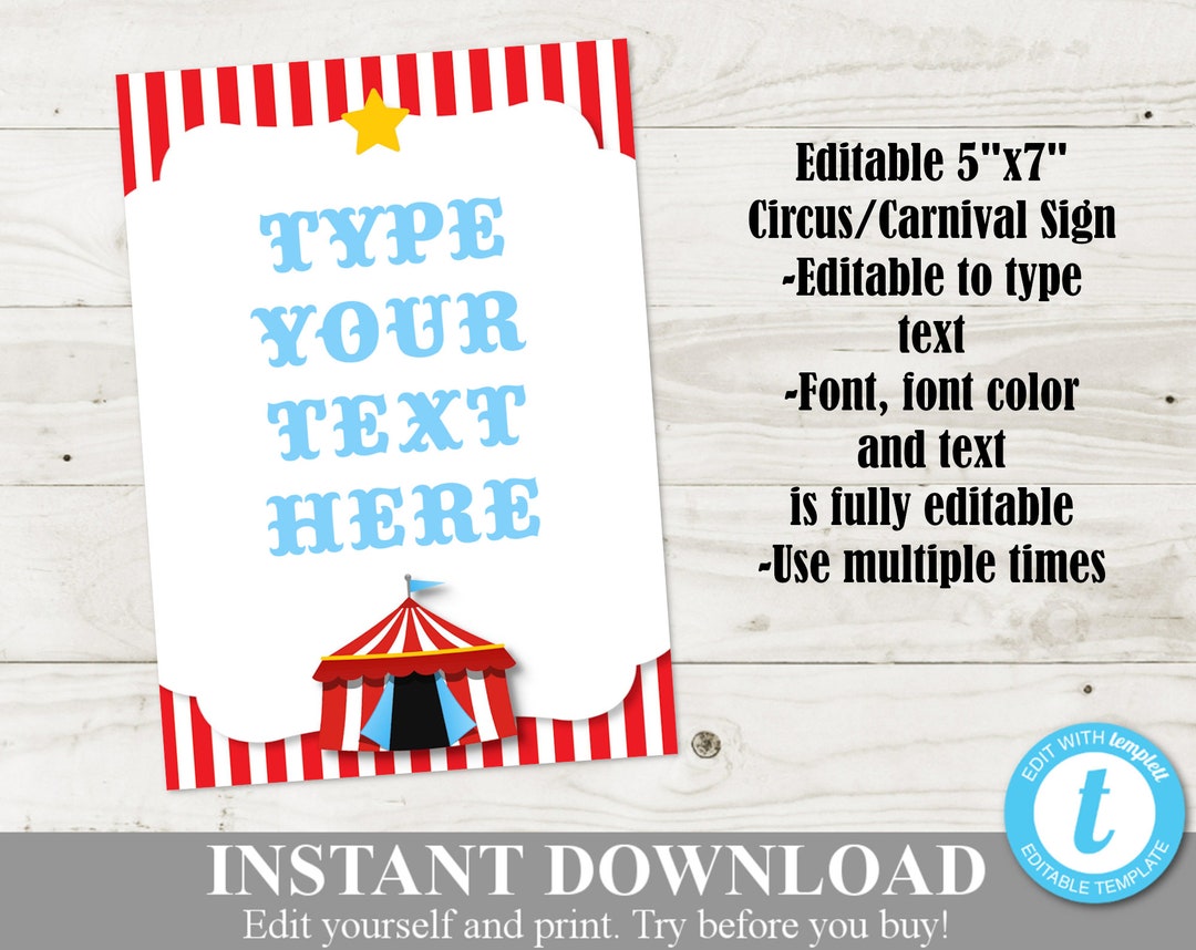INSTANT DOWNLOAD Circus Carnival Editable 5x7 Sign / Editable - Etsy