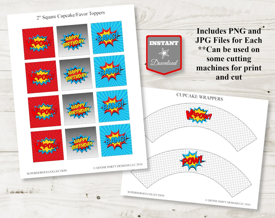 INSTANT DOWNLOAD Superhero Cupcake Toppers and Wrappers / Favor Tags ...