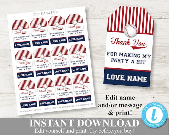 INSTANT DOWNLOAD Baseball 2"x3" Editable Thank You Hang Tags / Editable ...