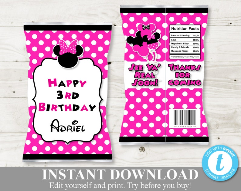 INSTANT DOWNLOAD Hot Pink Chip Bag Wrappers / Labels / You Type Message ...