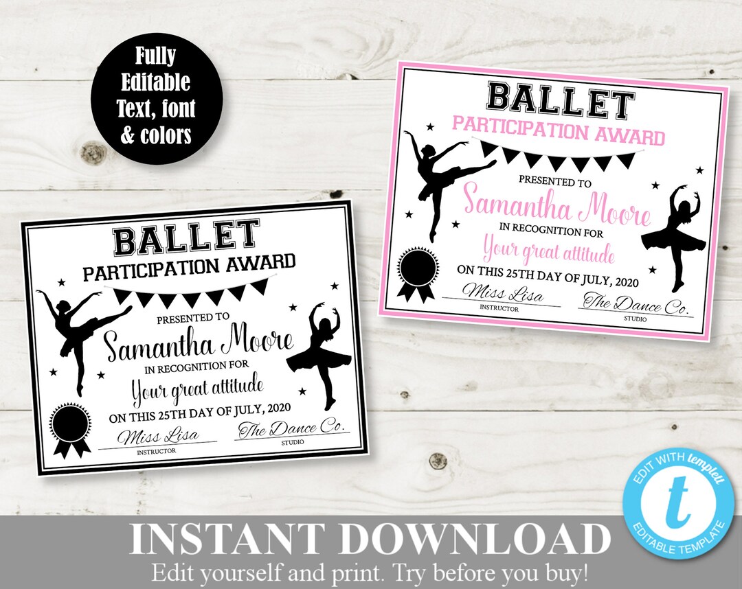 INSTANT DOWNLOAD Printable Ballet 8.5x11 Certificate / Award / Sport ...