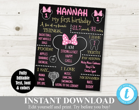 INSTANT DOWNLOAD Printable Pink Mouse Editable All About Me Chalkboard ...