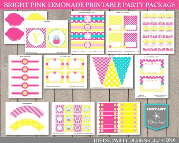 INSTANT DOWNLOAD Bright Pink Lemonade Printable Birthday Party Package ...
