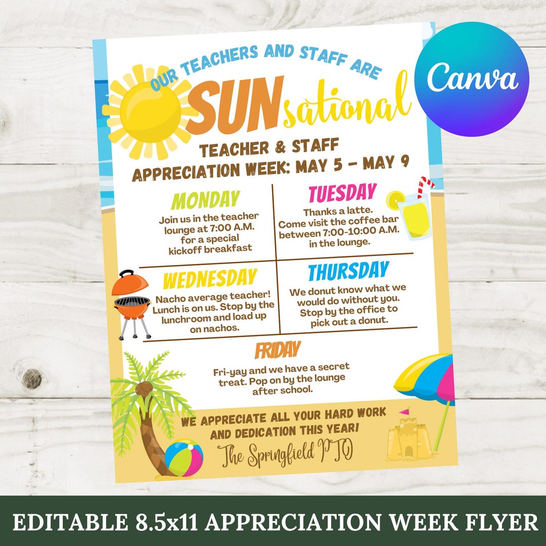 Editable 8.5x11 Sunsational Beach Summer Teacher Appreciation Week Sign ...