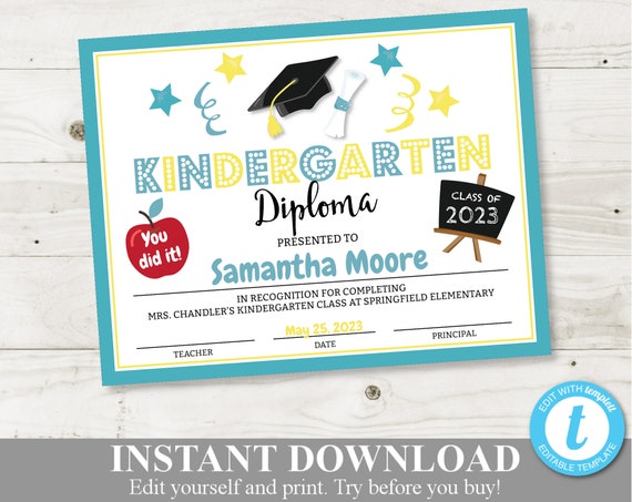 INSTANT DOWNLOAD Printable Kindergarten Graduation Teal Yellow Diploma ...