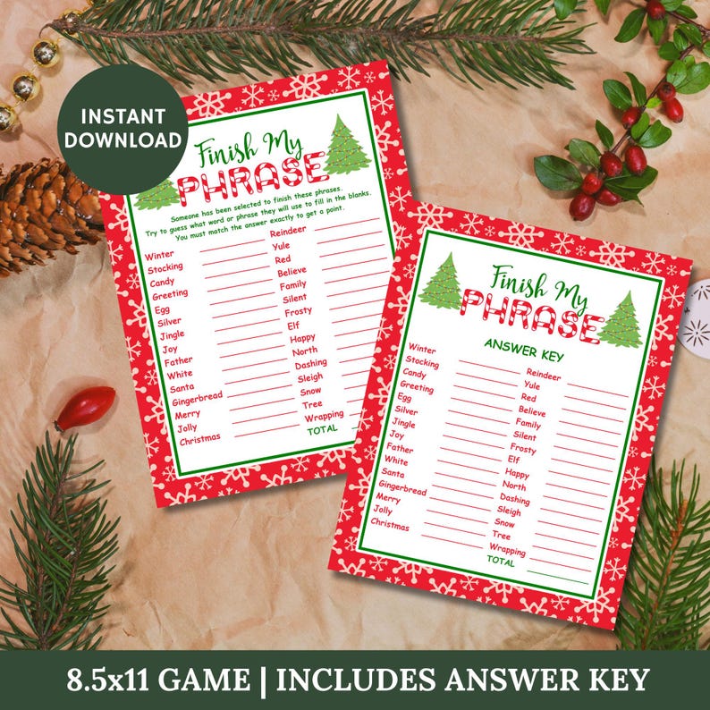 Printable 8.5X11 Christmas Holiday Finish My Phrase Game, Party Games ...