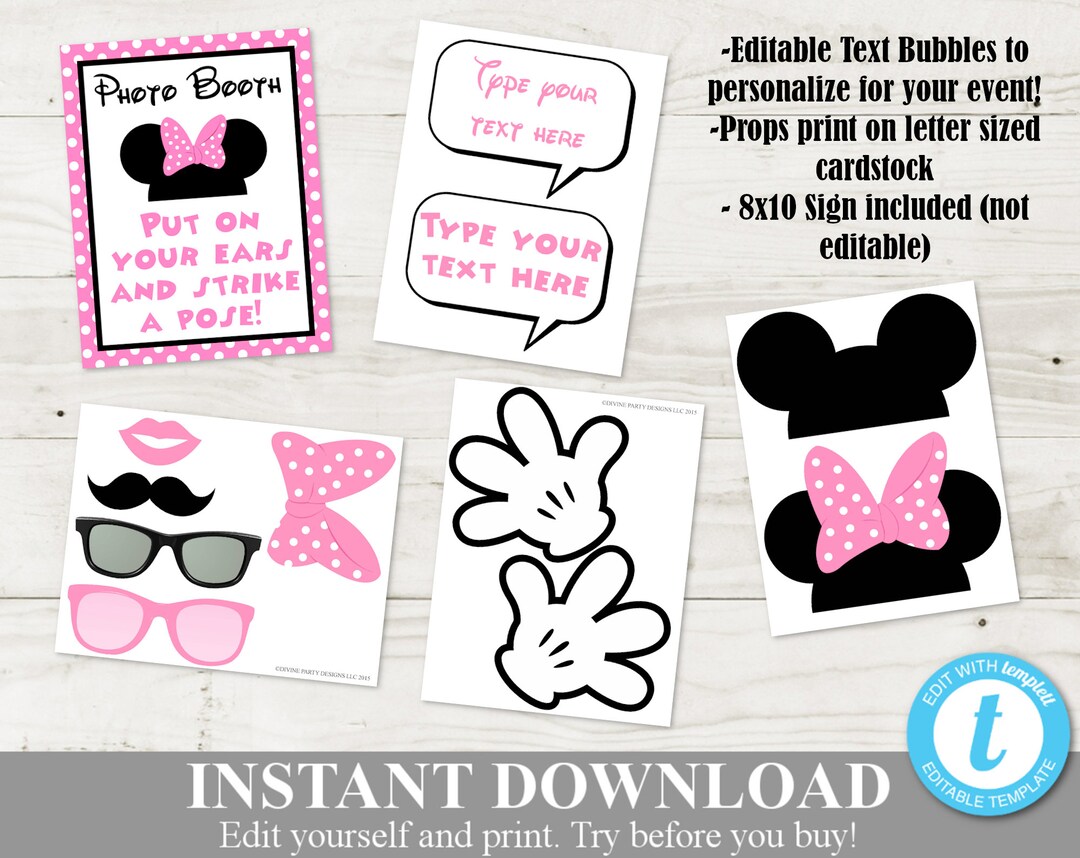 INSTANT DOWNLOAD Printable Light Pink Mouse Photo Booth Props & 8x10 ...