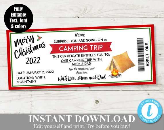 INSTANT DOWNLOAD Editable 8"x3.25" Printable Camping Trip Ticket ...