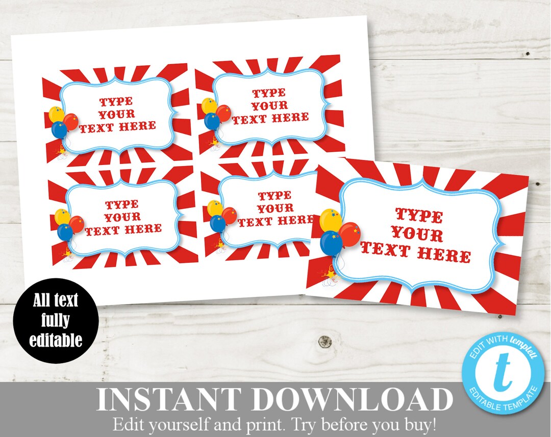 INSTANT DOWNLOAD Editable Circus or Carnival Flat Labels / Buffet Cards ...