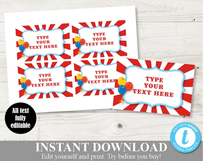 INSTANT DOWNLOAD Editable Circus or Carnival Flat Labels / Buffet Cards ...