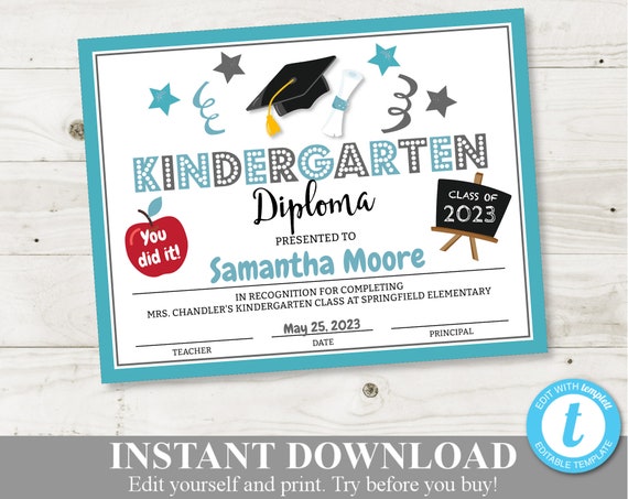 INSTANT DOWNLOAD Printable Kindergarten Graduation Teal Grey Diploma ...