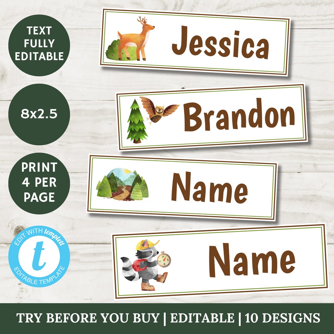Editable School Camping Woodland Themed Student Name Tags, Template ...