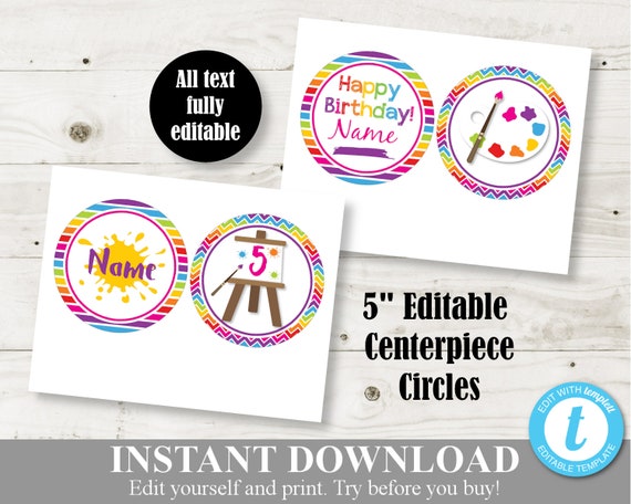 INSTANT DOWNLOAD Printable Art Party 5" Centerpiece Circles / Type your ...