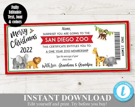 INSTANT DOWNLOAD Editable 8"x3.25" Printable Zoo Membership Pass ...