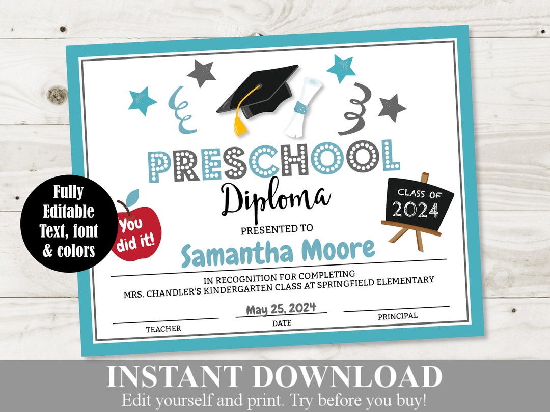 INSTANT DOWNLOAD Printable Preschool Graduation Teal Grey Diploma ...