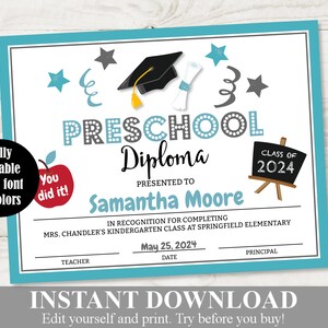 INSTANT DOWNLOAD Printable Preschool Graduation Teal Grey Diploma ...