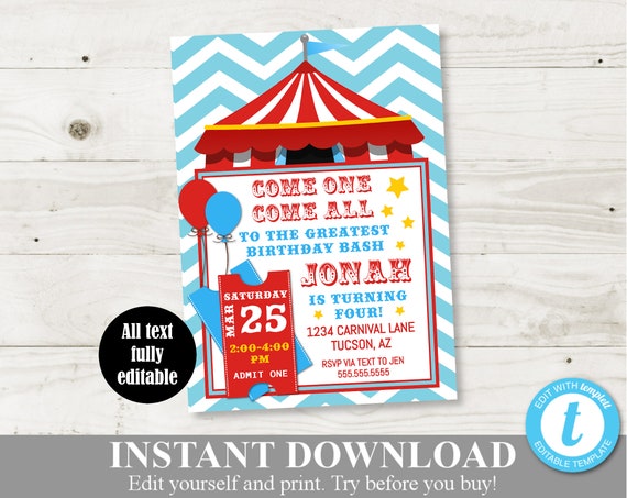 INSTANT DOWNLOAD Circus Carnival Editable 5x7 Birthday Party Invitation ...