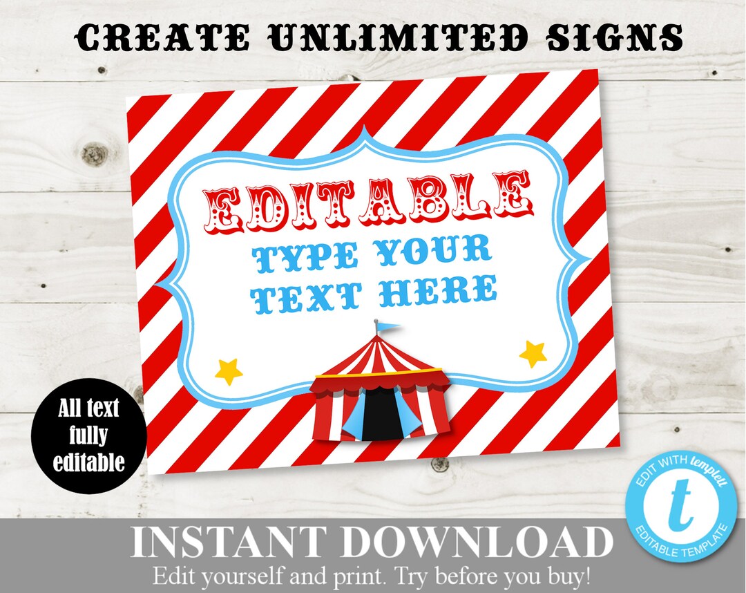 INSTANT DOWNLOAD Circus Carnival Editable 8x10 Sign / Editable - You ...