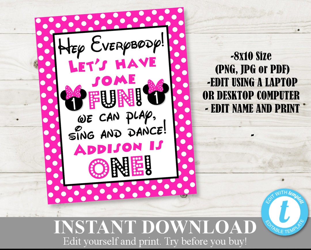 INSTANT DOWNLOAD Printable Hot Pink Mouse 8x10 Editable One Fun Party ...