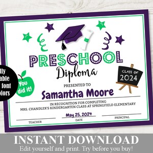 INSTANT DOWNLOAD Printable Preschool Graduation Purple Green Diploma ...