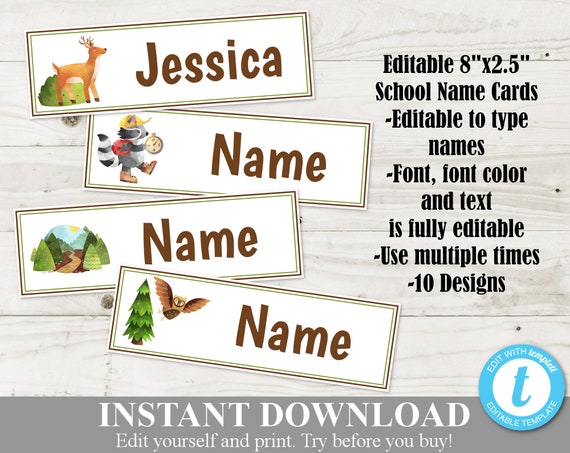 INSTANT DOWNLOAD Editable School Camping Woodland Themed Name Tags ...