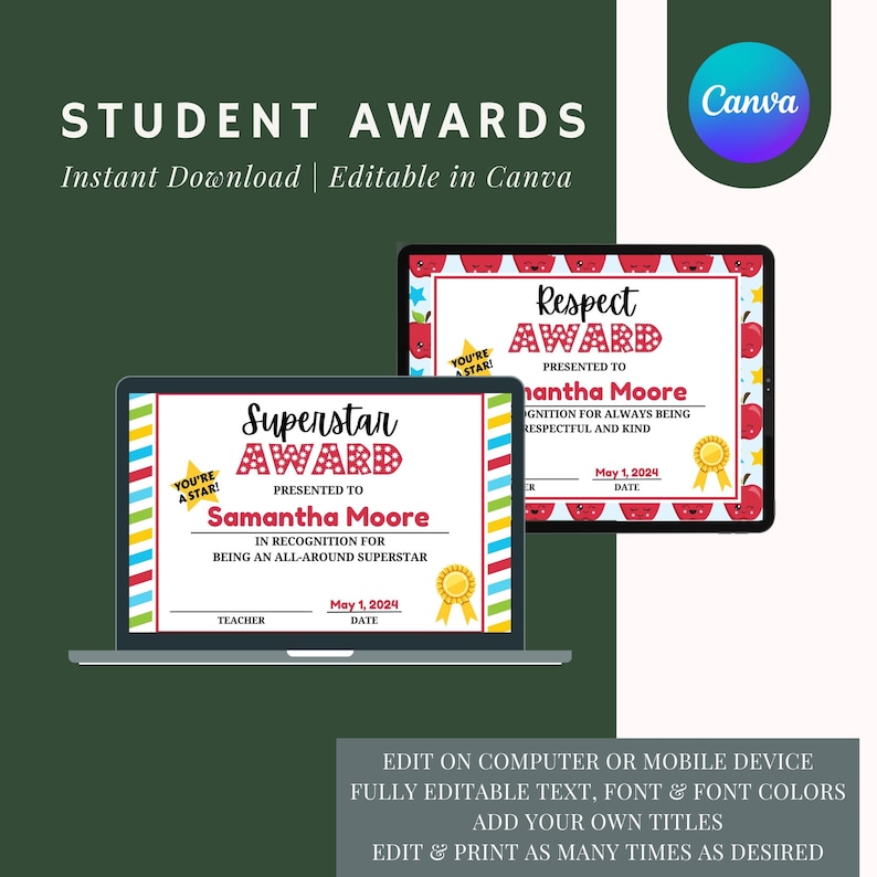 Printable 8.5x11 Student Classroom Award Template, Editable, Edit on ...