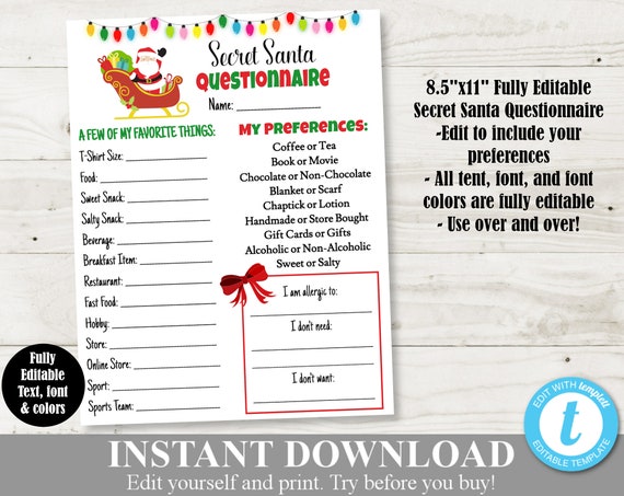 INSTANT DOWNLOAD Editable Secret Santa Questionnaire Template / All ...