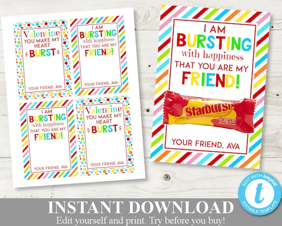 INSTANT DOWNLOAD Starburst Valentine's Day Printable Cards / Editable ...