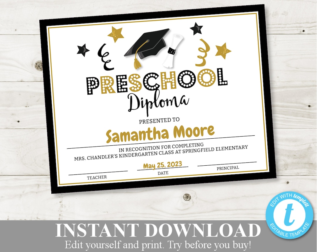INSTANT DOWNLOAD Printable Preschool Graduation Black & Gold Diploma ...