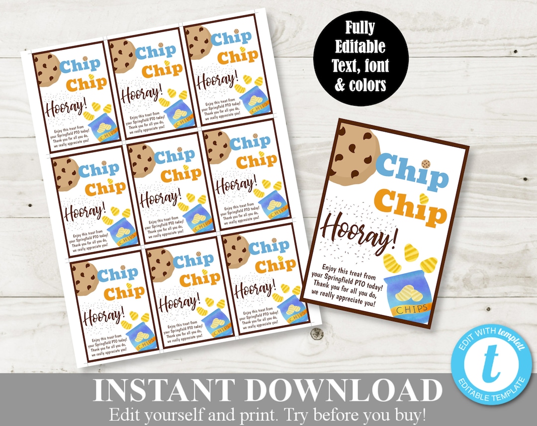 INSTANT DOWNLOAD Editable 3.5"x2.5" Chip Chip Hooray Tags / Chips ...