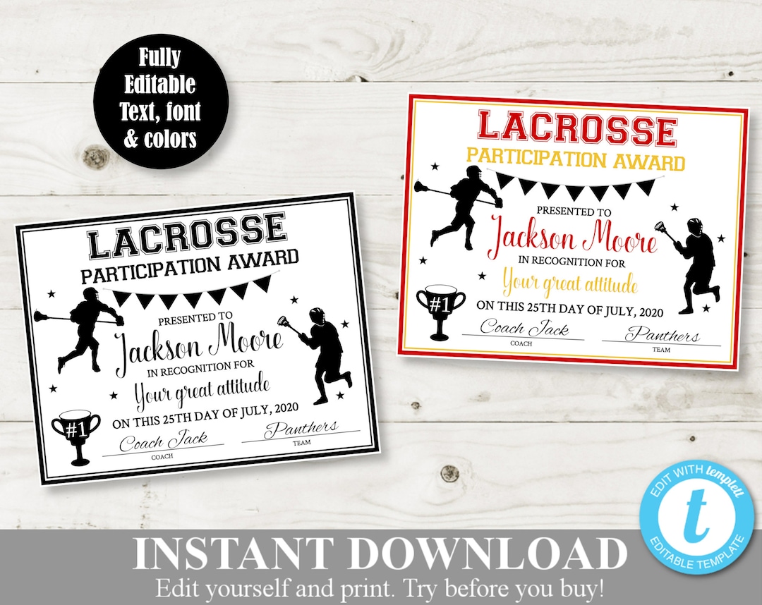 INSTANT DOWNLOAD Printable Boy's Men's Lacrosse 8.5x11 Certificate ...