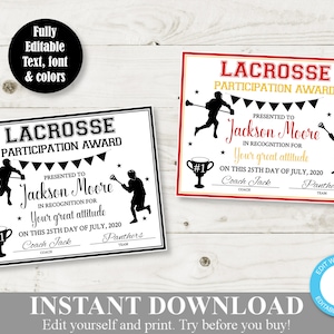 INSTANT DOWNLOAD Printable Boy's Men's Lacrosse 8.5x11 Certificate ...