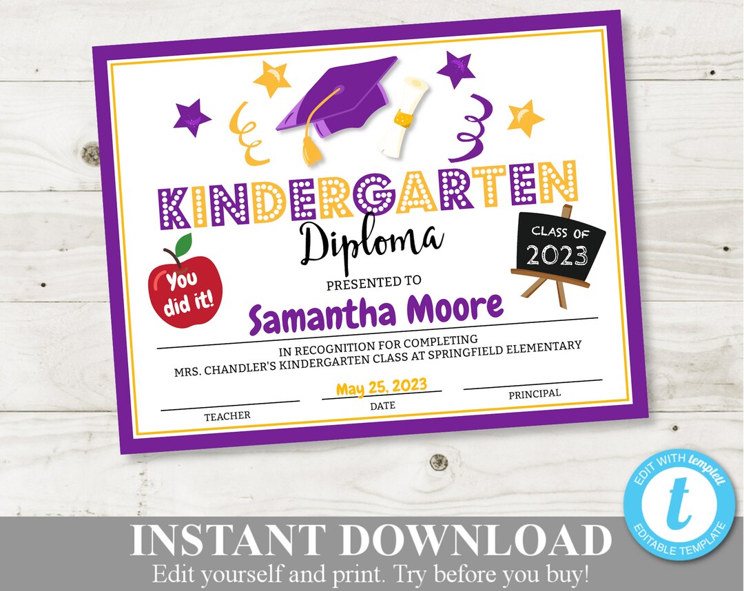 INSTANT DOWNLOAD Printable Kindergarten Graduation Purple - Etsy