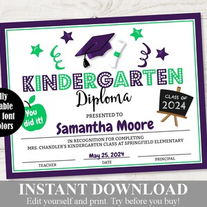 INSTANT DOWNLOAD Printable Kindergarten Graduation Purple Green Diploma ...