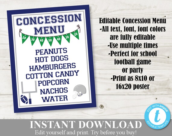 INSTANT DOWNLOAD Editable and Printable 8x10 Football Concession Menu ...