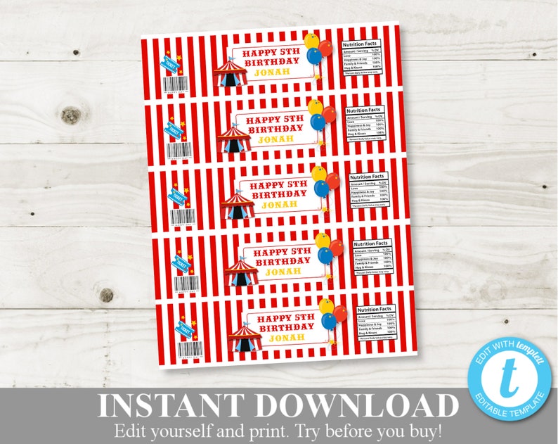 INSTANT DOWNLOAD Circus Carnival Editable Water Bottle Labels - Etsy