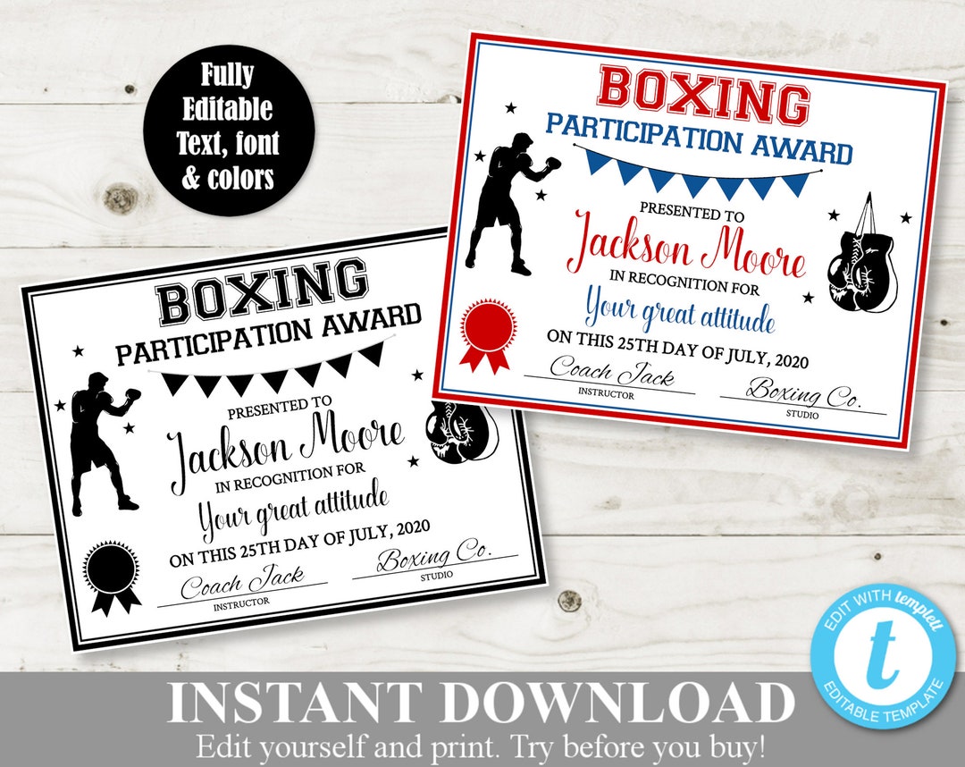 INSTANT DOWNLOAD Printable Boxing 8.5x11 Certificate / Award / Sport ...