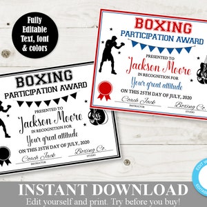 INSTANT DOWNLOAD Printable Boxing 8.5x11 Certificate / Award / Sport ...