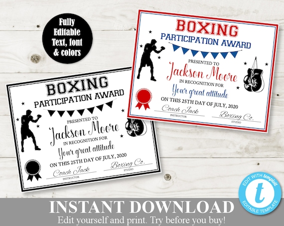 INSTANT DOWNLOAD Printable Boxing 8.5x11 Certificate / Award / Sport ...