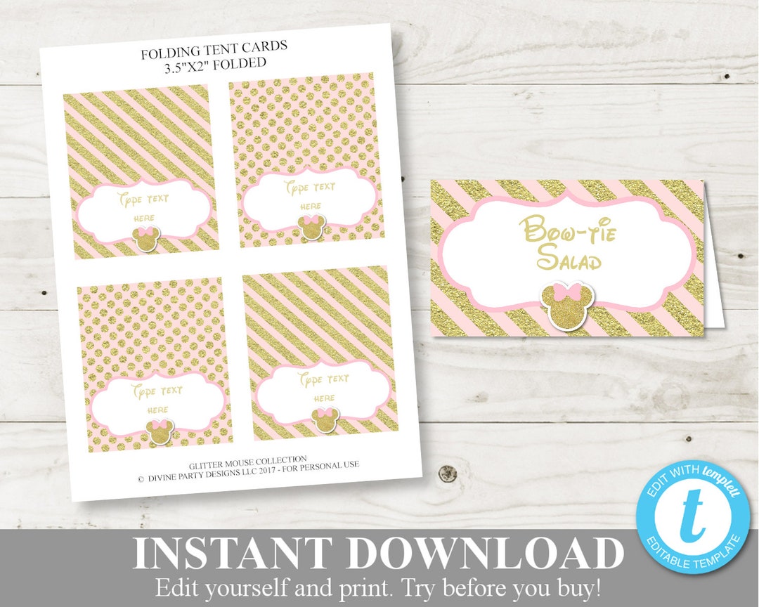 INSTANT DOWNLOAD Editable Pink & Gold Glitter Mouse Printable Tent ...