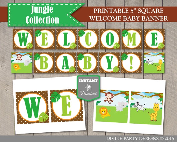 INSTANT DOWNLOAD Printable Jungle Safari 5" Square Welcome Baby Banner ...