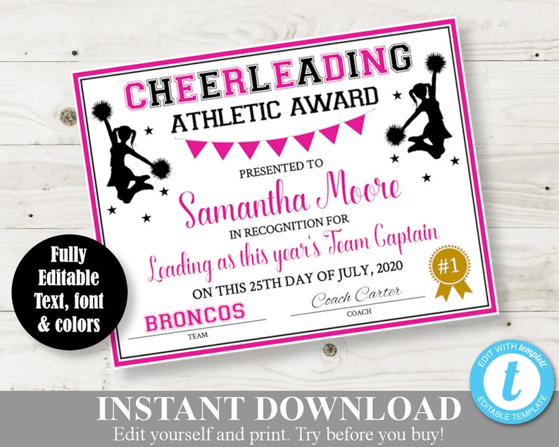 INSTANT DOWNLOAD Printable Cheerleading 8.5x11 Certificate / Award ...