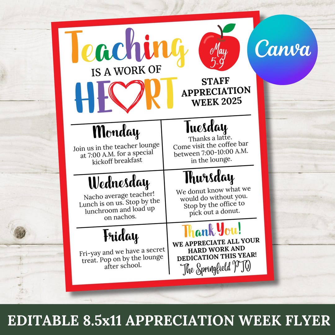 Editable 8.5x11 Teaching is a Work of Heart Teacher Appreciation Week ...