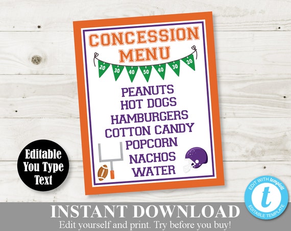 INSTANT DOWNLOAD Editable and Printable 8x10 Football Concession Menu ...