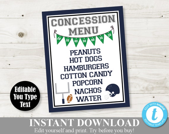 INSTANT DOWNLOAD Editable and Printable 8x10 Football Concession Menu ...