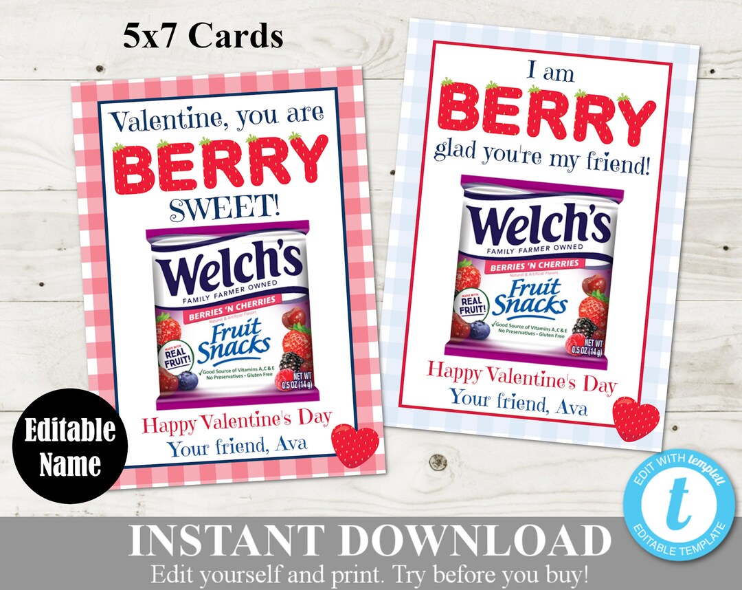 INSTANT DOWNLOAD Printable 5x7 Valentines Berry Fruit Snacks / Editable ...